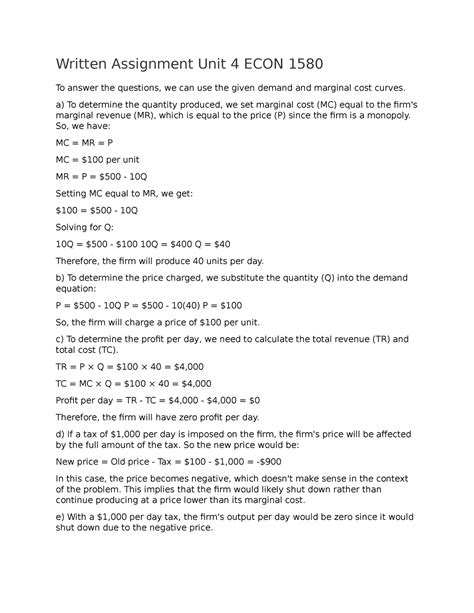Written Assignment Unit 4 ECON 1580 ECON 1580 UoPeople Studocu
