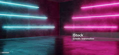 공상 과학 소설 파란 분홍색 자주색 네온 미래 지향적 인 사이버 펑크 빛나는 복고풍 현대 활기찬 조명 레이저 쇼 빈 무대 룸 홀 반사 콘크리트 그런 지 클럽 배경 3d