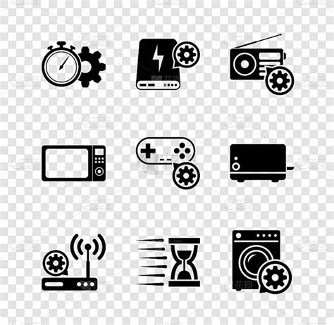 设置时间管理设置，电源，收音机，路由器和wi Fi，旧沙漏与沙和洗衣机图标。向量素材 花瓣网