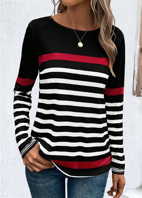Black Patchwork Striped Long Sleeve Round Neck T Shirt