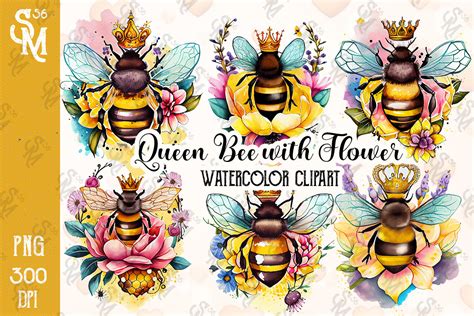 Queen Bee With Flower Watercolor Clipart Graphic By Stevenmunoz56
