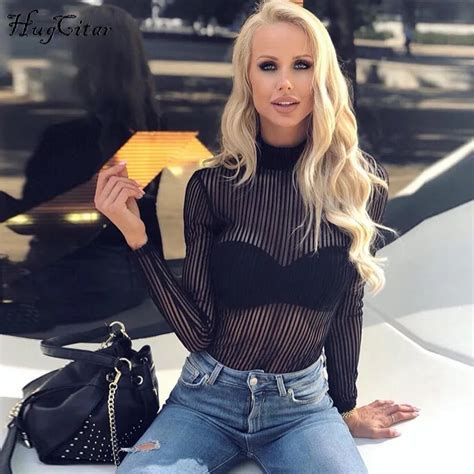Hugcitar Long Sleeve High Neck Mesh See Through Sexy Bodycon Bodysuit 2018 Autumn Winter Women