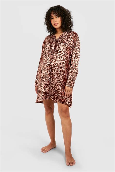 Maternity Oversized Satin Leopard Print Night Shirt Boohoo Uk