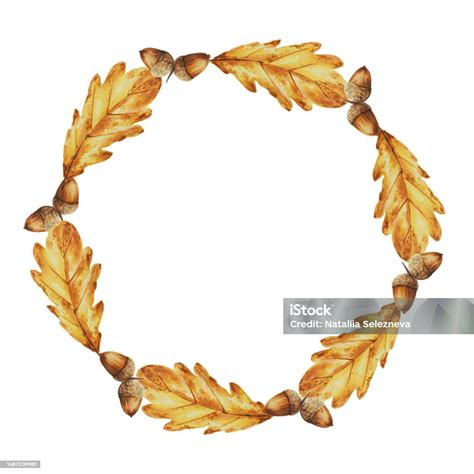 가을 떡갈나무 잎과 도토리가 분리된 수채화 화환 추수감사절 디자이너를 위한 할로윈 일러스트레이션 스크랩북 디자이너 엽서 파티 초대장 포장지 표지 포스터 및 직물 및 로고를