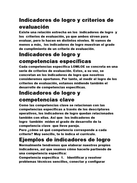 Indicadores De Logro Y Criterios De Evaluación Pdf
