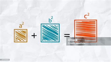 피타고라스 정리를 나타내는 그림과 함께 수평 질감의 흰색 종이 시트 벡터 배경 세 개의 사각형 방정식으로 사각형 더하기 B 사각형은 C 사각형과 같습니다 3가지 개체에 대한