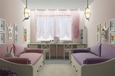 Прямоугольная комната для двух девочек 35 фото