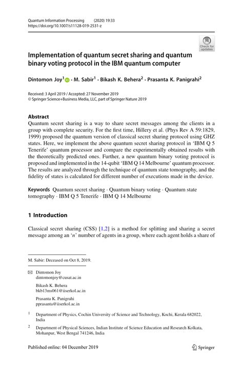 Pdf Implementation Of Quantum Secret Sharing And Quantum Binary Voting Protocol In The Ibm