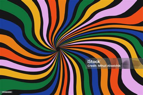 Psychedelic Distorted Twisted Colorful Ray Pattern On Black Background Groovy Abstract Design In
