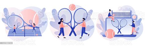 테니스 코트 테니스 라켓 및 공 스포츠 클럽 그룹 활동 훈련 챔피언십과 토너먼트 현대 플랫 만화 스타일 흰색 배경에 벡터 일러스트 레이 션 Championship에 대한