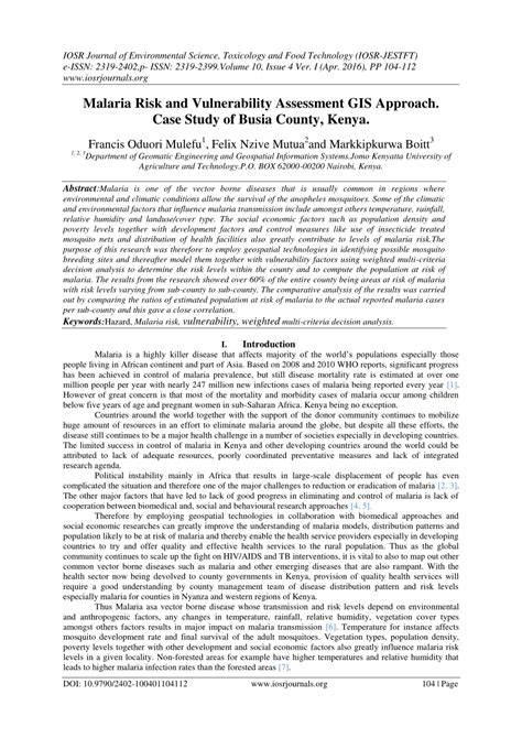 Pdf Malaria Risk And Vulnerability Assessment Gis Approach Case