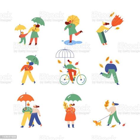 Ilustración De Otoño Otoño Personas Al Aire Libre Conjunto Vectorial