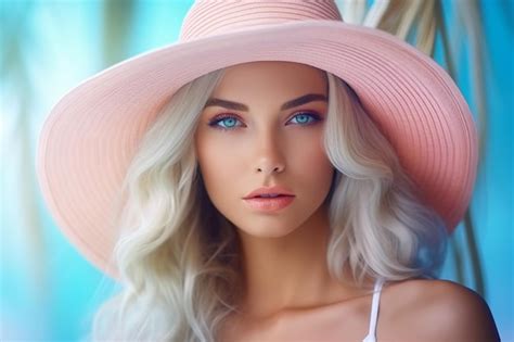 Una Mujer Con Un Sombrero Rosa Y Ojos Azules Se Para Frente A Una