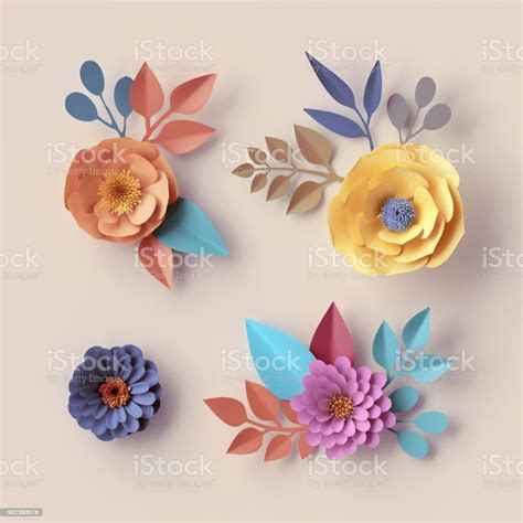 3d 렌더링 파스텔 종이 꽃 초록 식물 장식 디자인 요소에 복숭아 배경 관상 주름을 달기 공예 축제 훈장 핑크 블루 옐로우 작