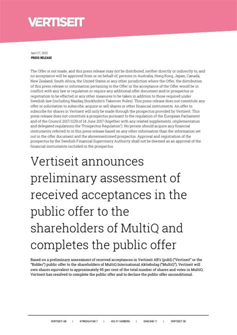 Vertiseit Announces Preliminary Assessment Of Received Acceptances In