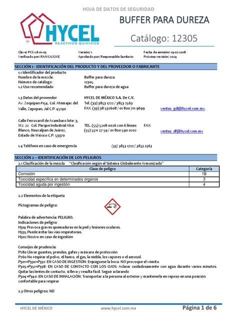 Hoja De Datos De Seguridad Buffer Para Dureza 12305 Hycel Pdf