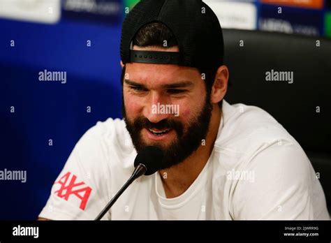 Liverpools Brazilian Goalkeeper Alisson Becker During Press Conference Liverpool Before Uefa