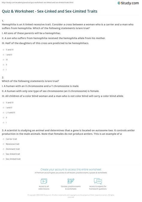 quiz and worksheet sex linked and sex limited traits