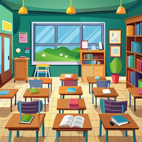 A Drawing Of A Classroom With A Green Wall With A Picture Of A
