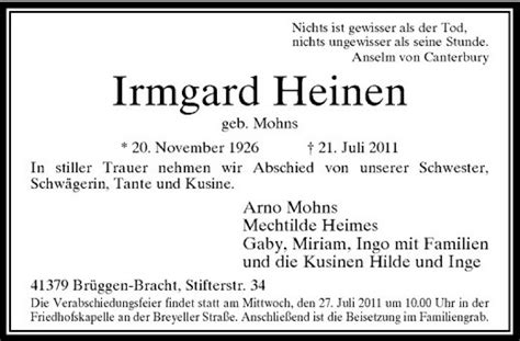 Alle Traueranzeigen für Irmgard Heinen trauer rp online de