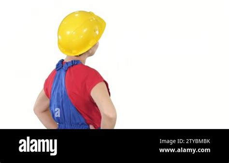 Engineer Construction Worker Woman Turning To Camera And Smiling On White Background Stock Video