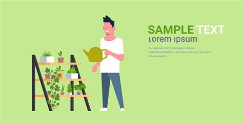 가사 개념 남성 만화 캐릭터 전체 길이 수평 복사 공간을 할 수 있는 뿌리를 들고 랙 사람에 화분을 급수 하는 남자 가사 집안일에 대한 스톡 벡터 아트 및 기타 이미지