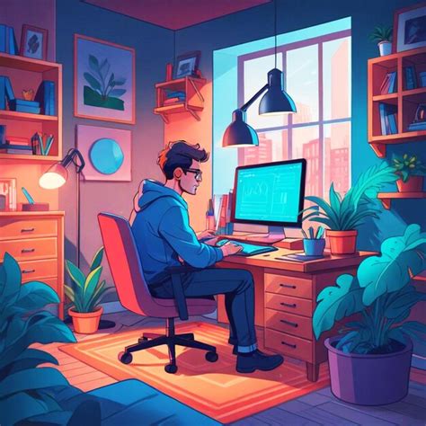 Premium Photo A Cartoon Of A Man Working At A Computer In A Room With A Plant And A Laptop