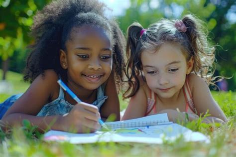 Dos Chicas De Diferentes Razas Dibujan Afuera En El Parque Foto Premium