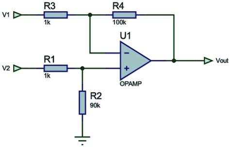 R3 1k R4 100k U1 OPAMP R1 1k R2 90k V1 V2 Vout
