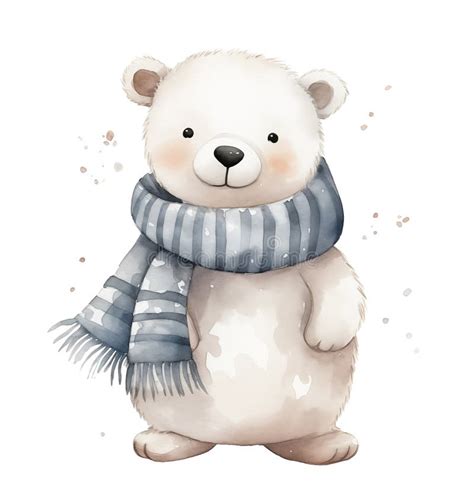 Watercolor Cute Christmas Polar Bear In Blue Striped Scarf Isolated On