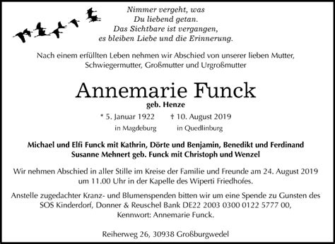 Traueranzeigen Von Annemarie Funck Abschied Nehmende