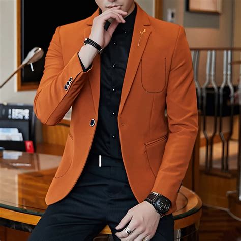 Brand Elegant Men Blazer 2019 Orange Black Mans Casual Blazer Slim Fit