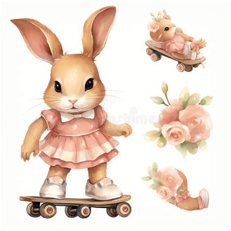 Roller Skating Cute Bunny Pink Cute Bunny Watercolor Stock Illustration Illustration Of Plush