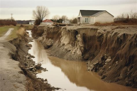 Premium Ai Image Floodwater Rushing Through A Broken Levee Causing Erosion Created With