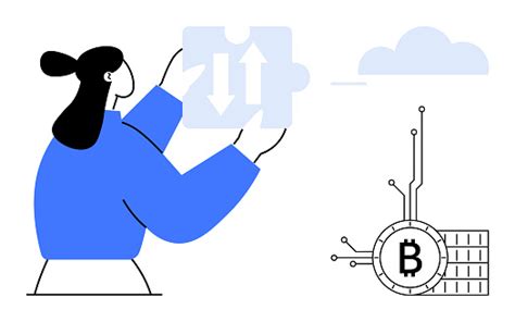 비트 코인과 블록 체인 기호 옆에 화살표가있는 퍼즐 조각을 들고있는 사람 개념에 대한 스톡 벡터 아트 및 기타 이미지 개념 개념과 주제 구름 Istock