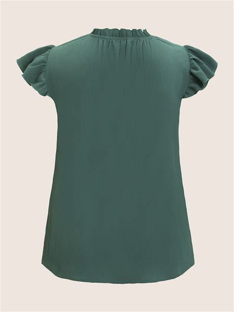 Plain Mock Neck Cap Sleeve Ruffle Trim Blouse Bloomchic