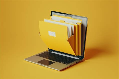 Premium Ai Image Laptop With File Folder On Screen Document Folder Yellow Background Ai