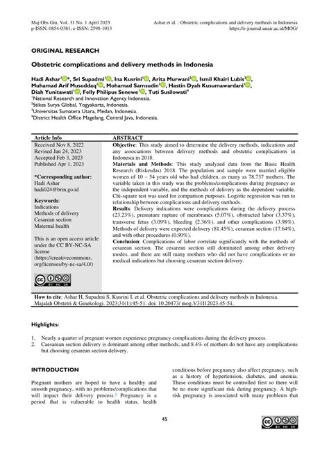 Pdf Obstetric Complications And Delivery Methods In Indonesia