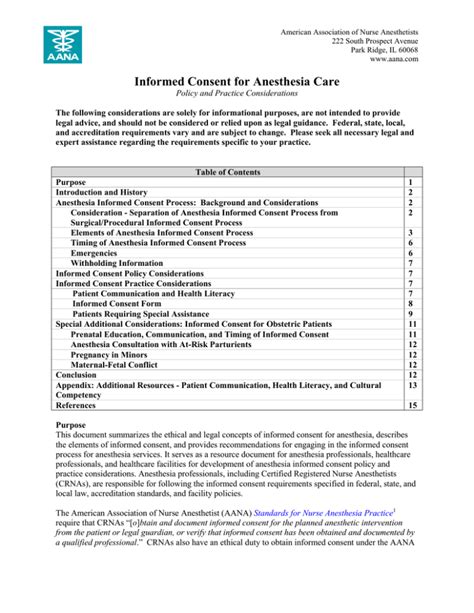 Informed Consent For Anesthesia Care Policy And Practice