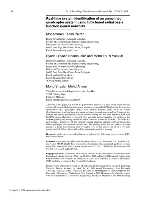 Pdf Real Time System Identification Of An Unmanned Quadcopter System Using Fully Tuned Radial