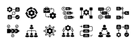 비즈니스 워크플로우 플랫 아이콘 세트입니다 프로세스 생산성 관리 시스템 효율성 계층 구조 팀워크 단계 연결 생산을 포함합니다 벡터 일러스트 레이 션 개선에 대한 스톡 벡터