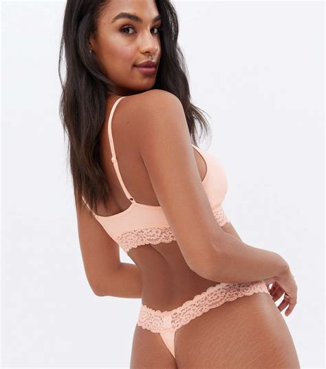 Pink Ribbed Lace Trim Seamless Crop Top Bra New Look