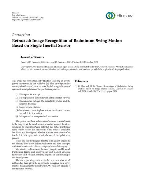 Pdf Retracted Image Recognition Of Badminton Swing Motion Based On Single Inertial Sensor