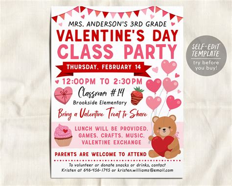 Valentines Day Class Party Invitation Flyer Editable Template School Puff Paper Co