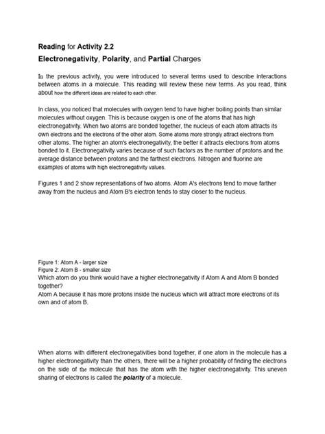 Reading Electronegativity And Polarity 2 Pdf Chemical Polarity Atoms