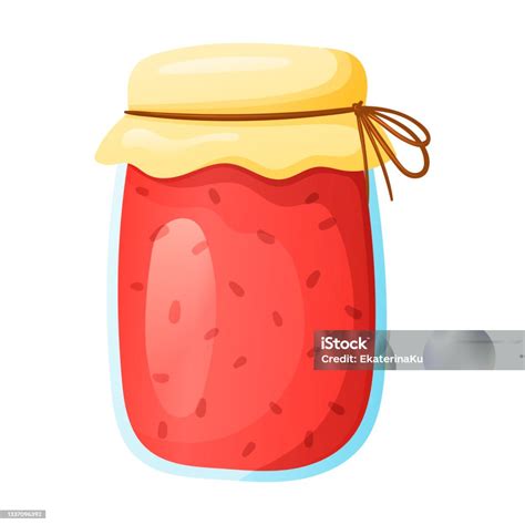 문자열에 뚜껑이있는 빨간 베리 잼이있는 유리 항아리의 벡터 고립 된 만화 그림 0명에 대한 스톡 벡터 아트 및 기타 이미지