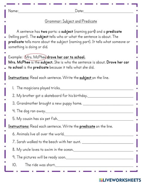 parts of a sentence subject and predicate worksheet subject and