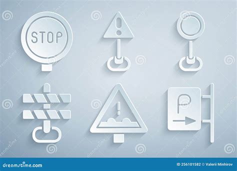 Set Uneven Road Ahead Sign Road Traffic Barrier Parking Exclamation Mark Triangle And Stop