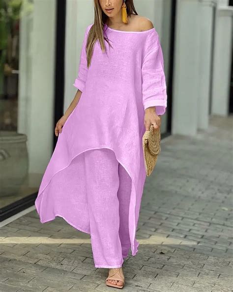 WYBLZ Conjunto de dos piezas de algodón y lino para mujer ropa informal holgada de manga larga
