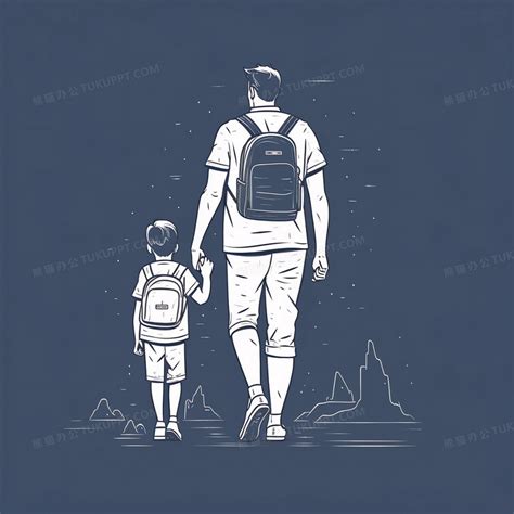 背包的爸爸和儿子牵手背影插画图片素材下载 格式 熊猫办公